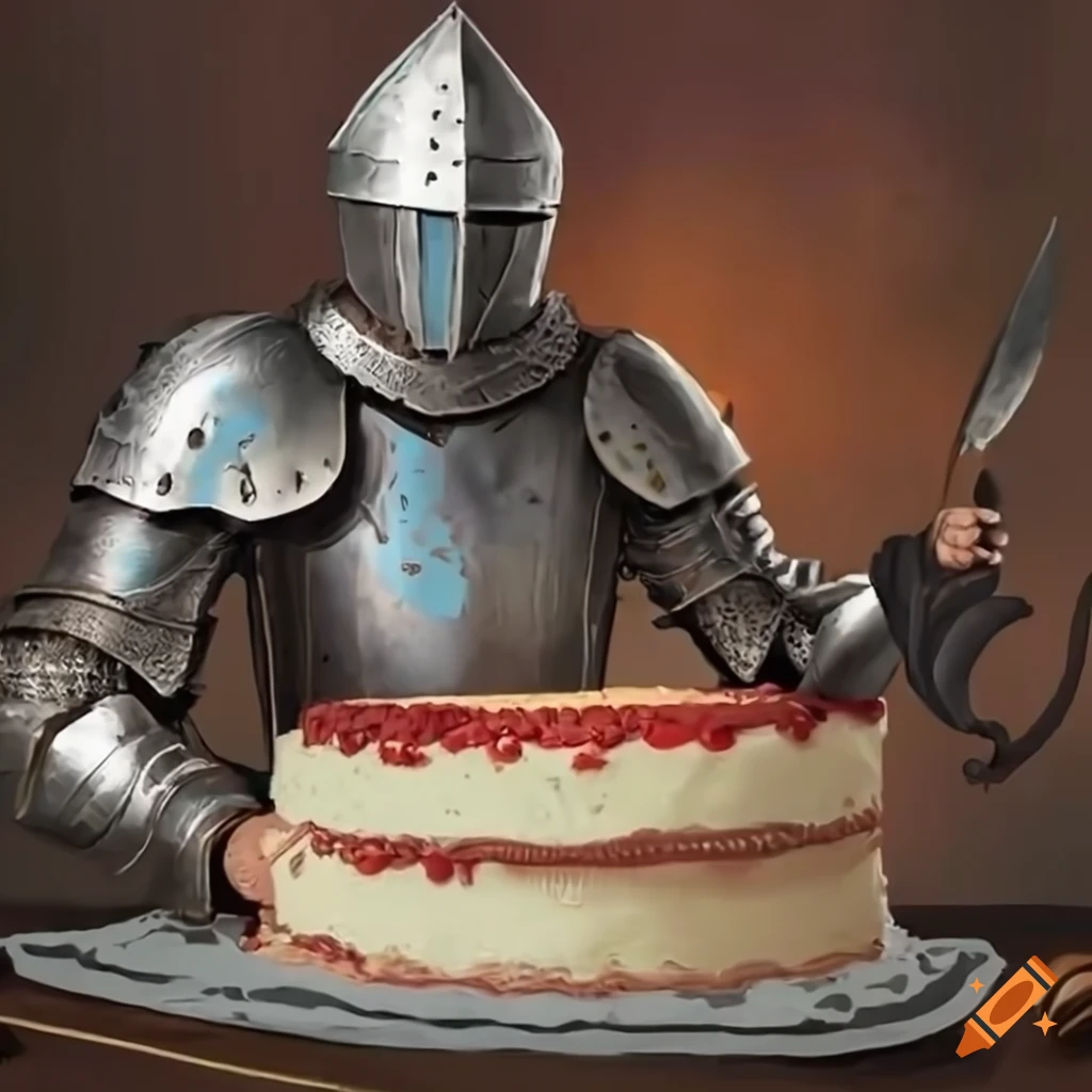Knight cutting a cake with armor and shield on Craiyon