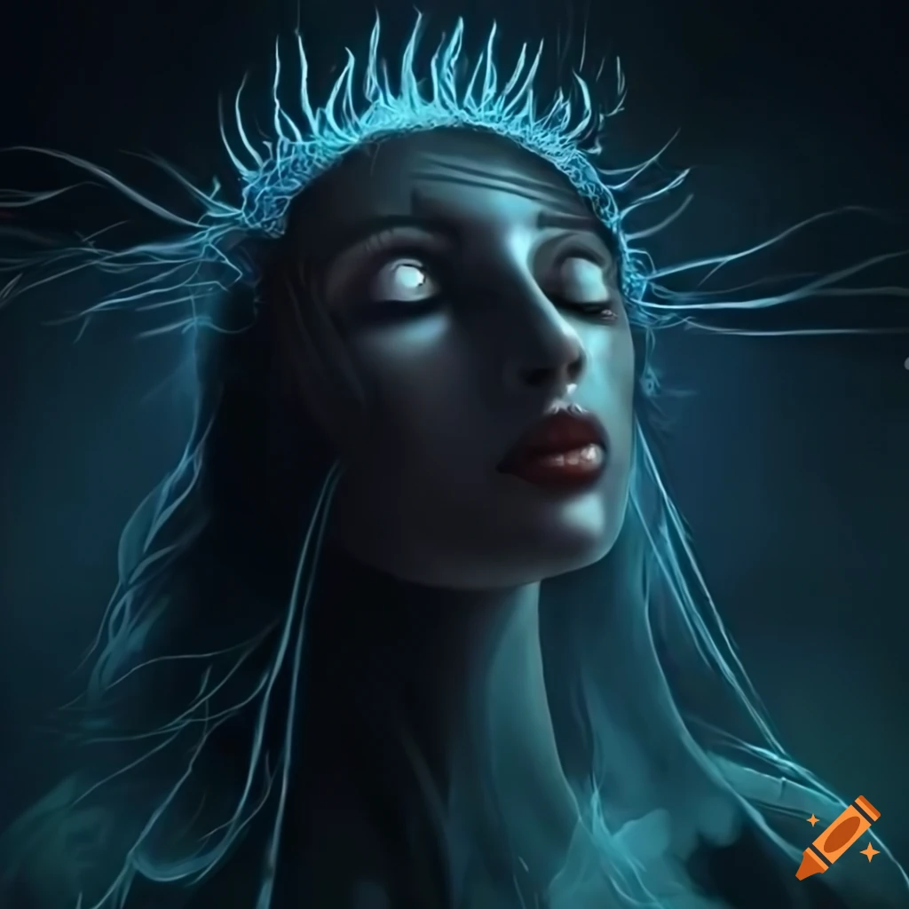 High-resolution digital art of a woman entangled in wires on Craiyon