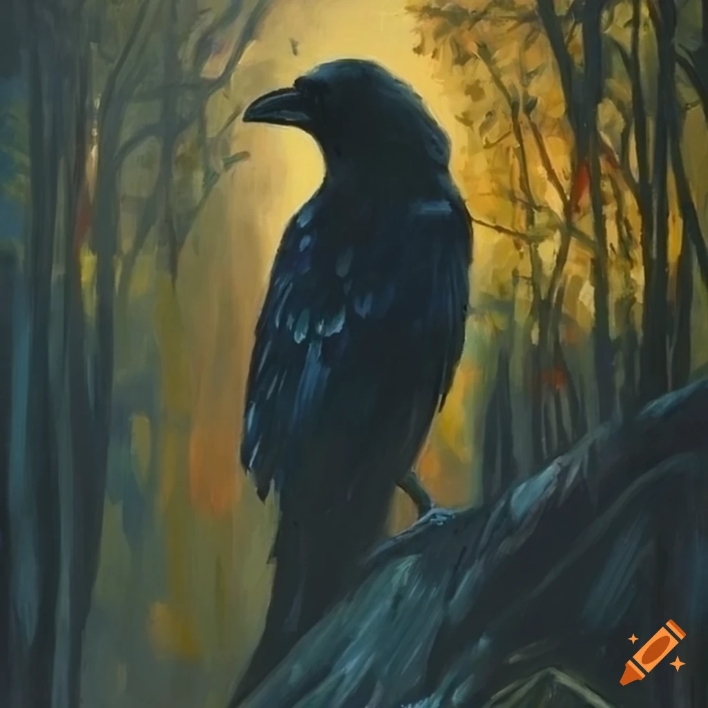 Oil painting of a crow and cat in a barn on Craiyon