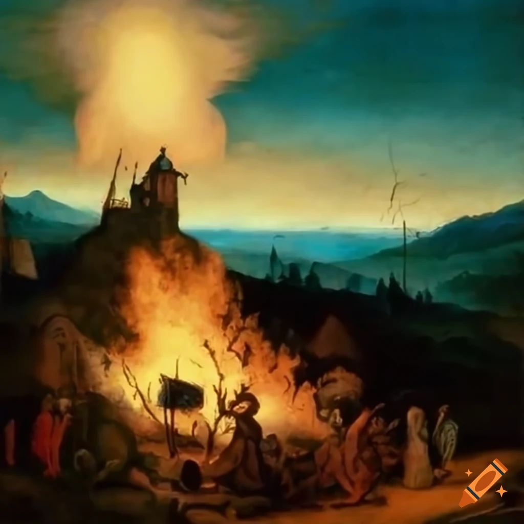 Windmill on a stormy mountain in medieval style painting on Craiyon
