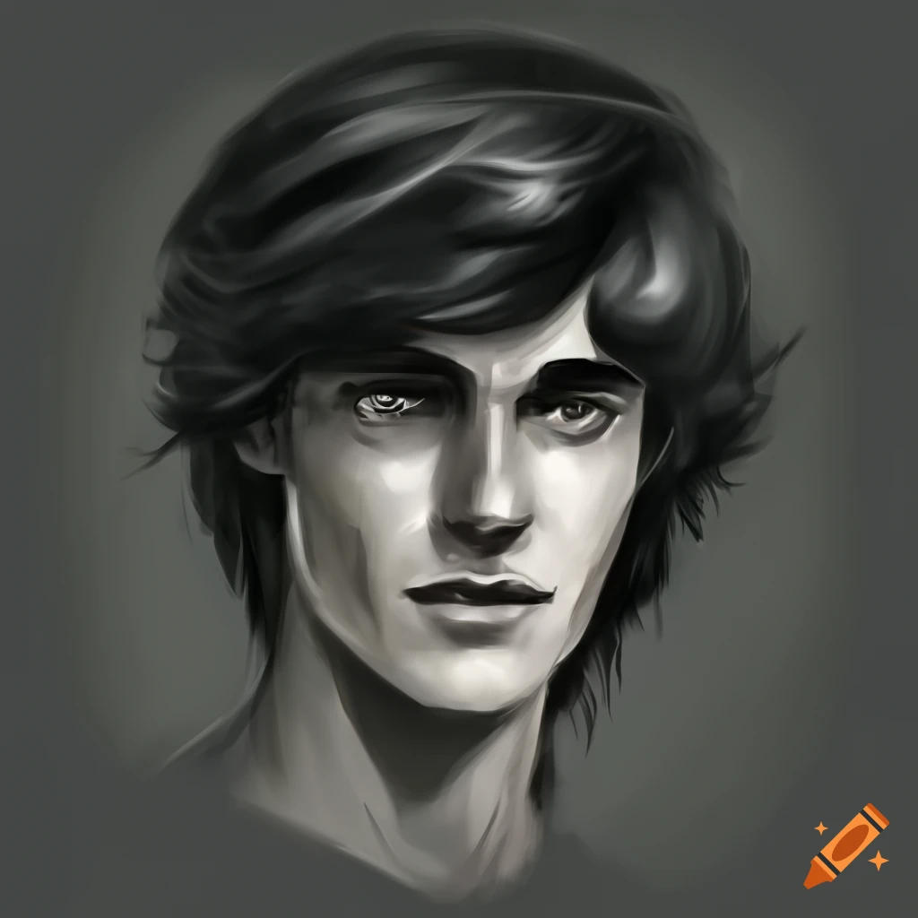 Portrait of a handsome man with black hair and gray eyes on Craiyon