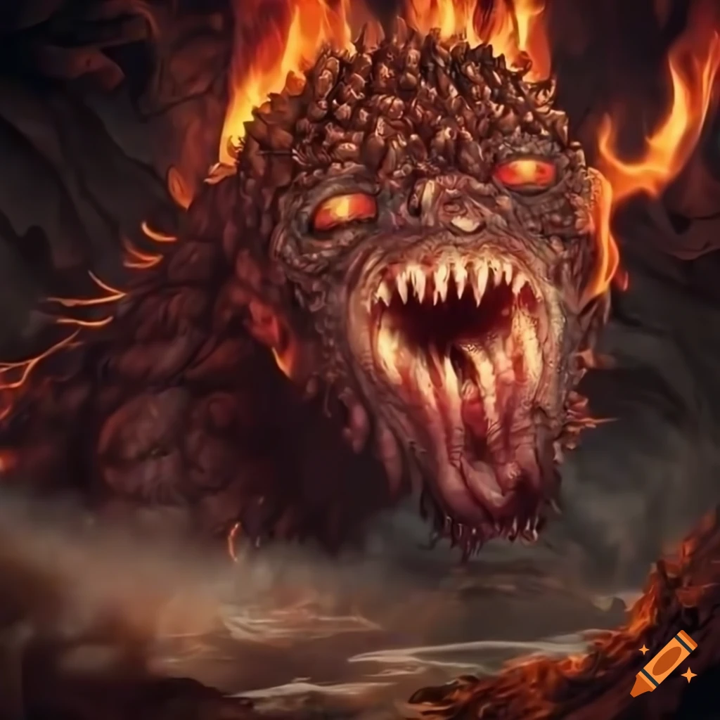 High-quality illustration of a monster rising from flames on Craiyon