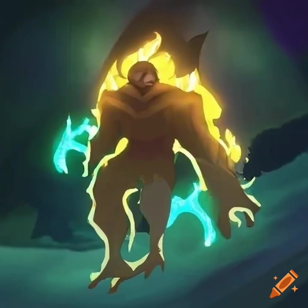 Digital art of an elemental avatar with glowing eyes