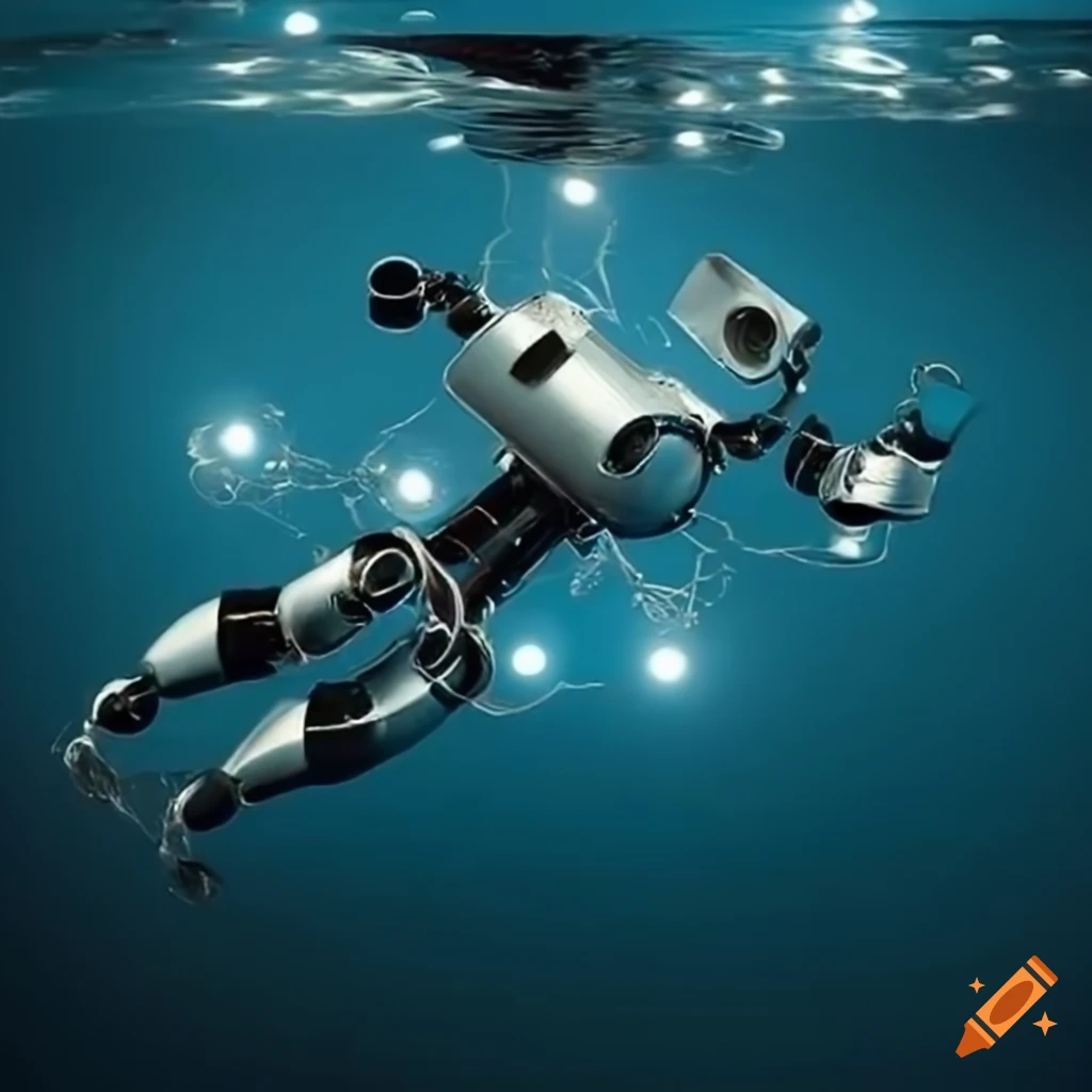 Underwater floating cable robot with sparkling lights on Craiyon