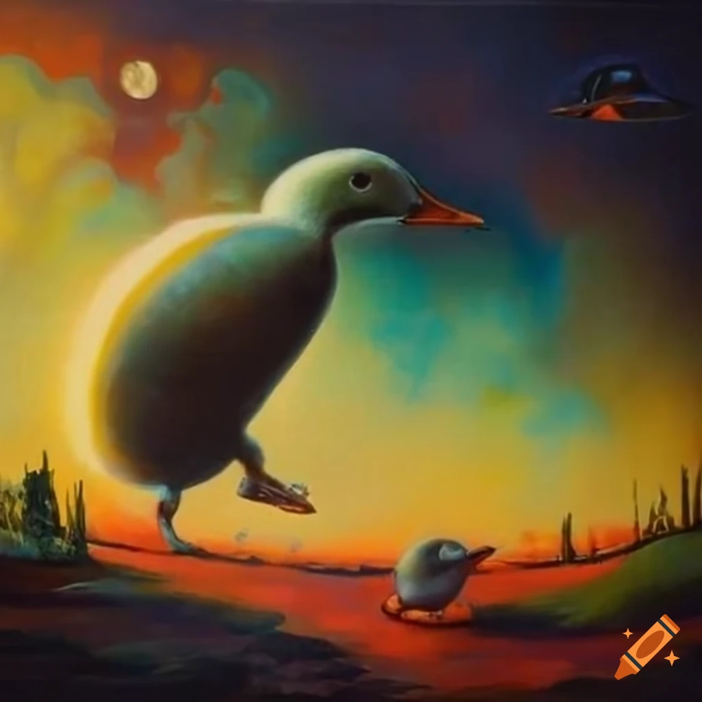 Surrealist painting of a duck being abducted by a ufo on Craiyon