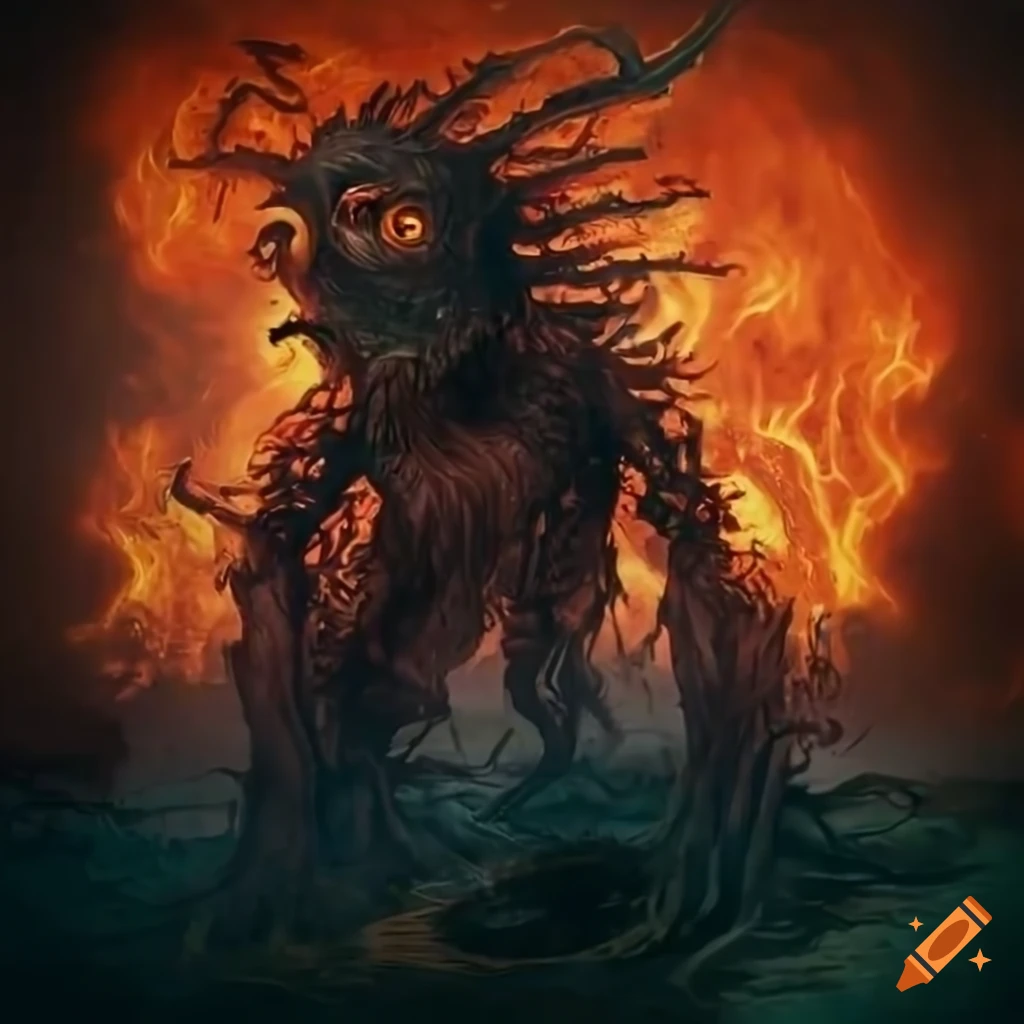 Illustration of a creature emerging from flames on Craiyon
