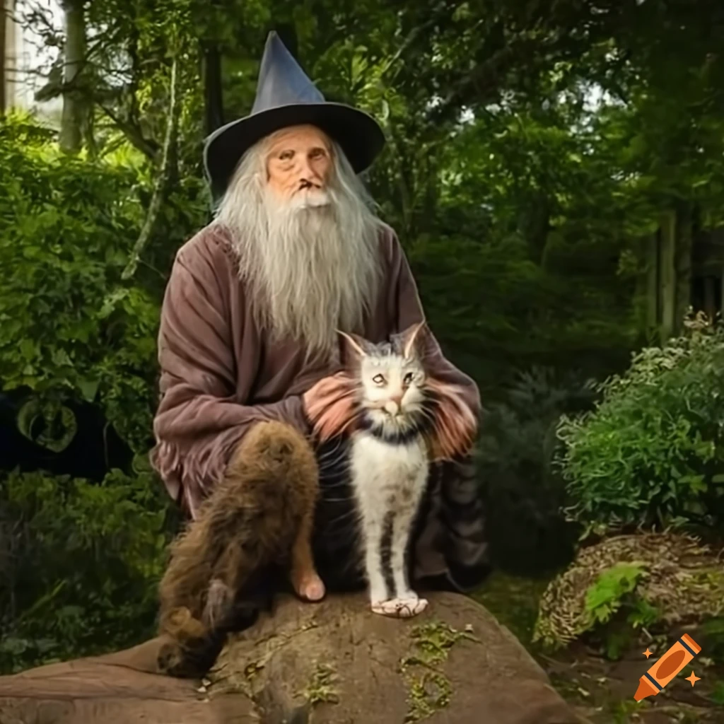 Image of a bearded wizard and four cats in a garden dome on Craiyon