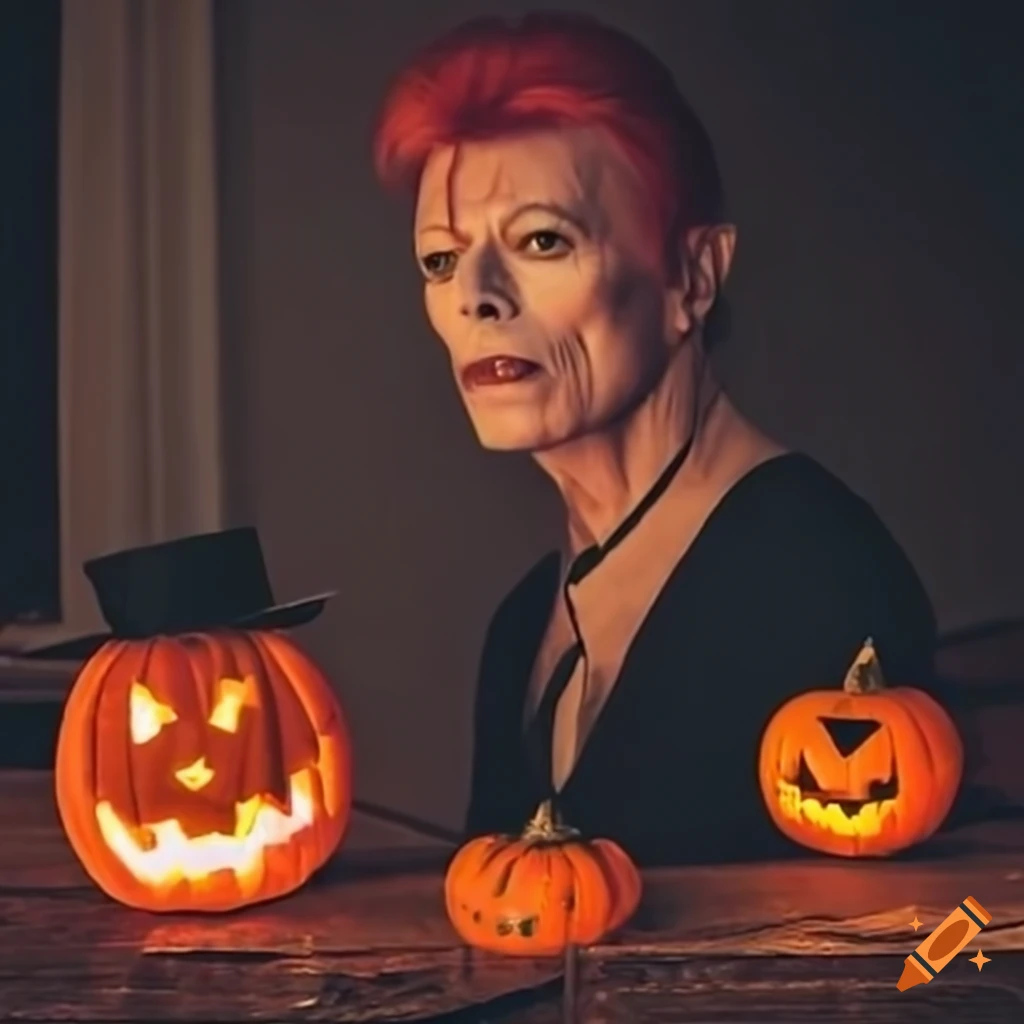David bowie with a jack-o-lantern bucket full of candy on halloween