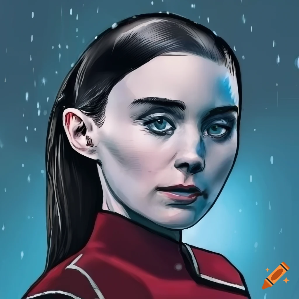 Pulp comic style artwork of Rooney Mara as starship captain on Craiyon