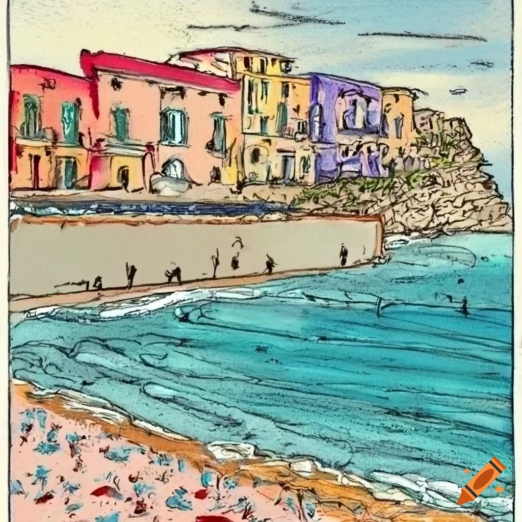 Pastel drawing of beaches in naples between buildings