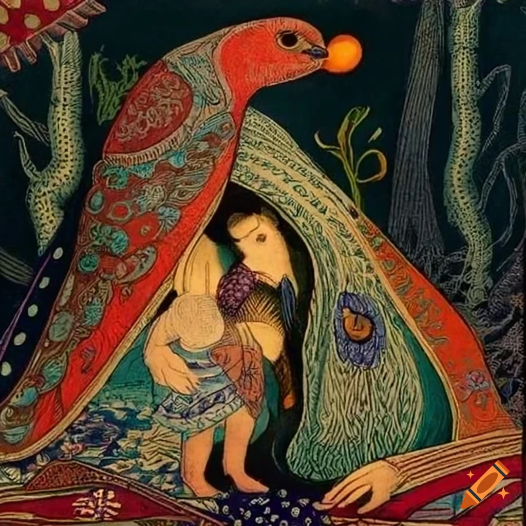 Illustration of mystical curandera raven and elegant mother goose with ...