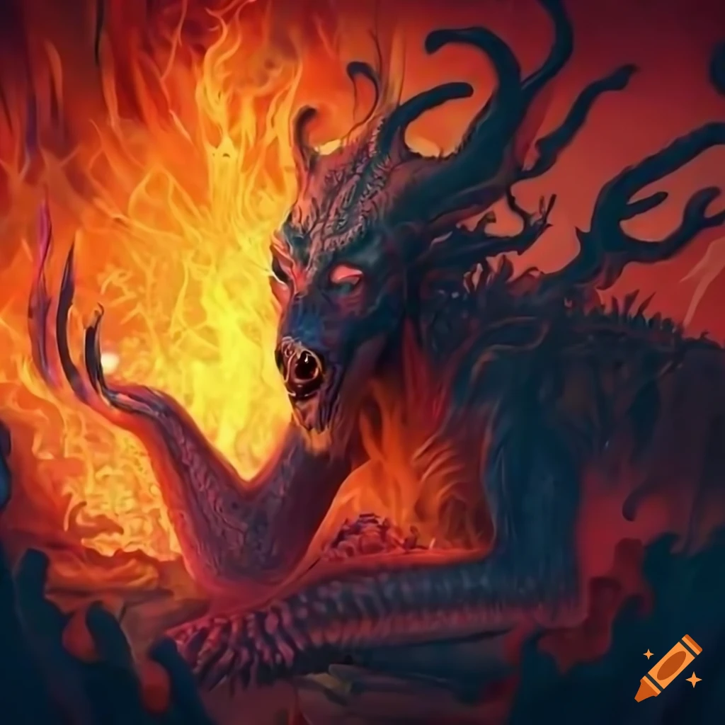 Illustration of a mythical creature rising from the flames on Craiyon