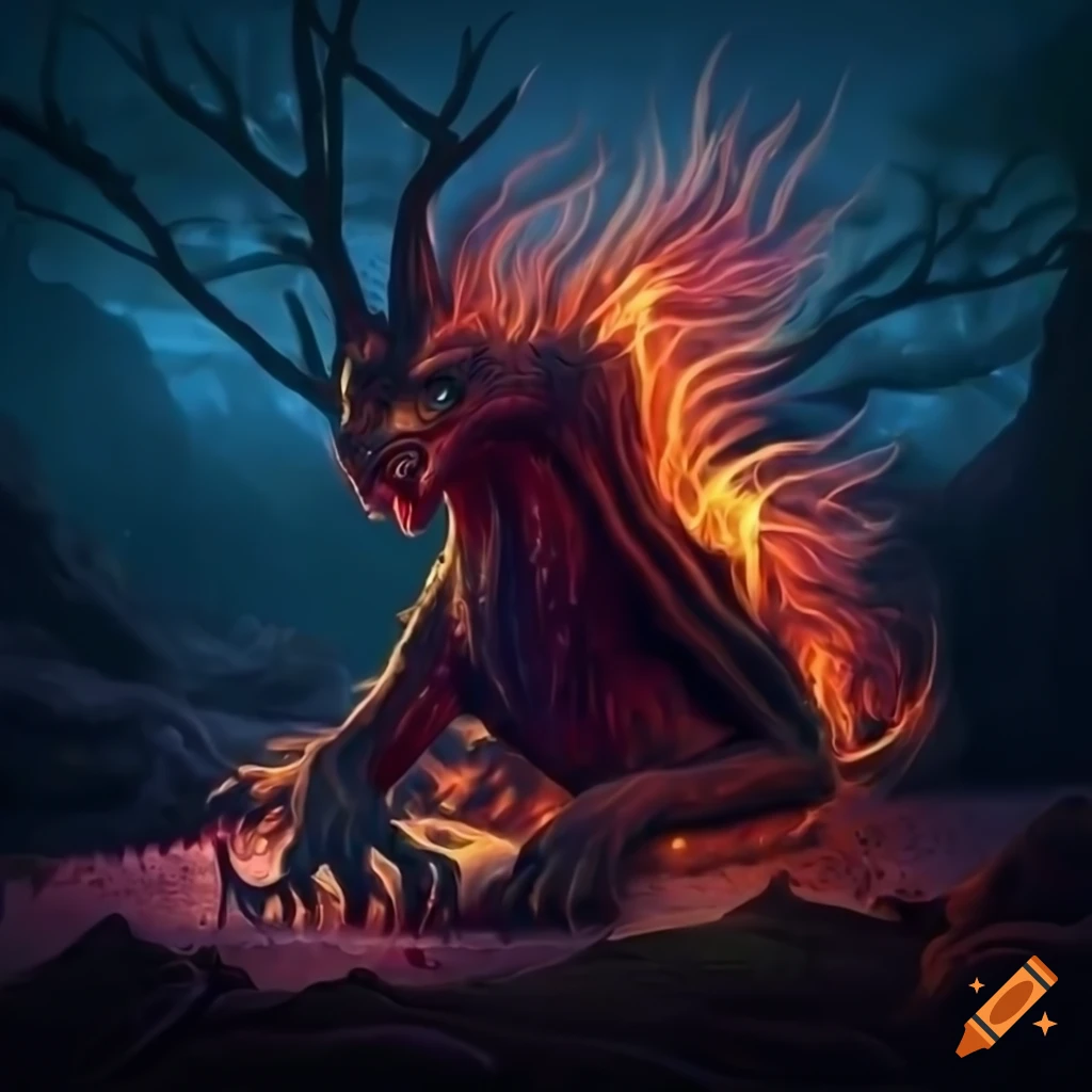 Illustration of a mythical creature emerging from flames