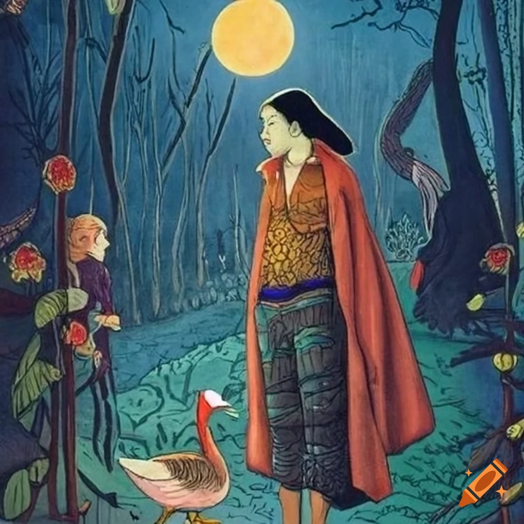 Illustration of mystical curandera raven and elegant mother goose with ...