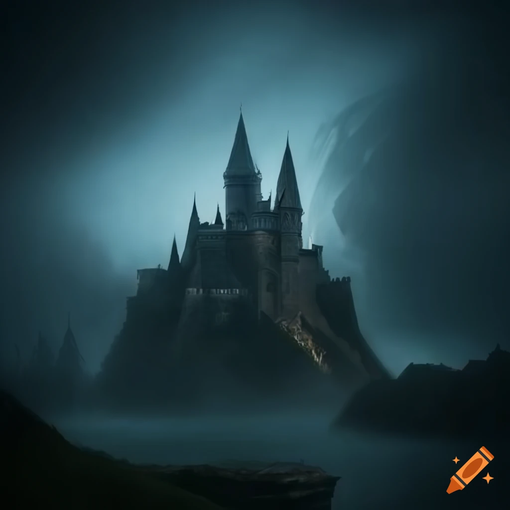 Mystical castle with purple aura in dark sky on Craiyon