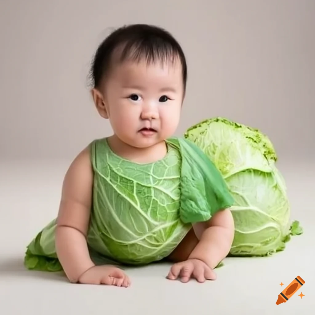 Asian baby wearing cabbage clothes on Craiyon