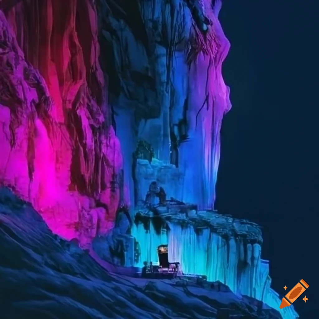 Vibrant edm party on a cliff at night on Craiyon