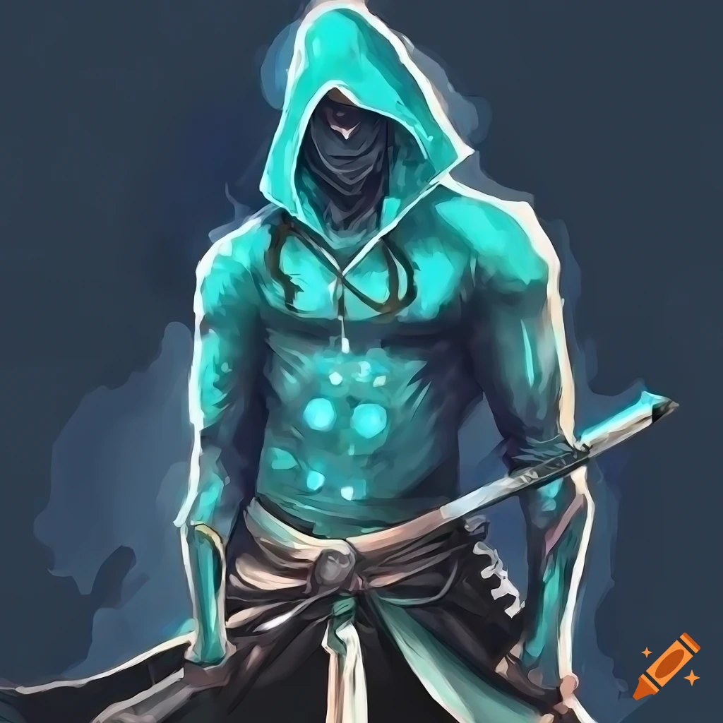 Knife palette painting of a male hooded assassin with samurai swords on ...