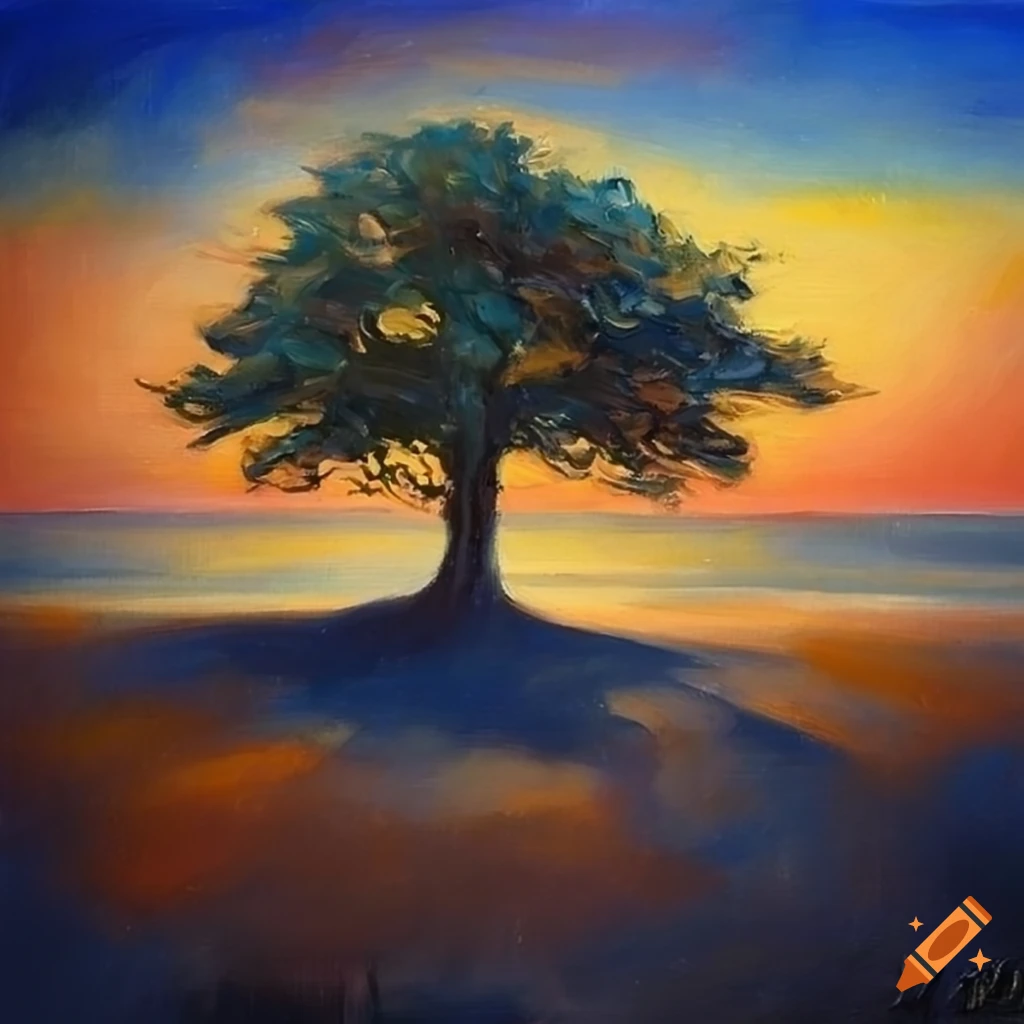 Oil painting of a solitary oak tree on a beach on Craiyon