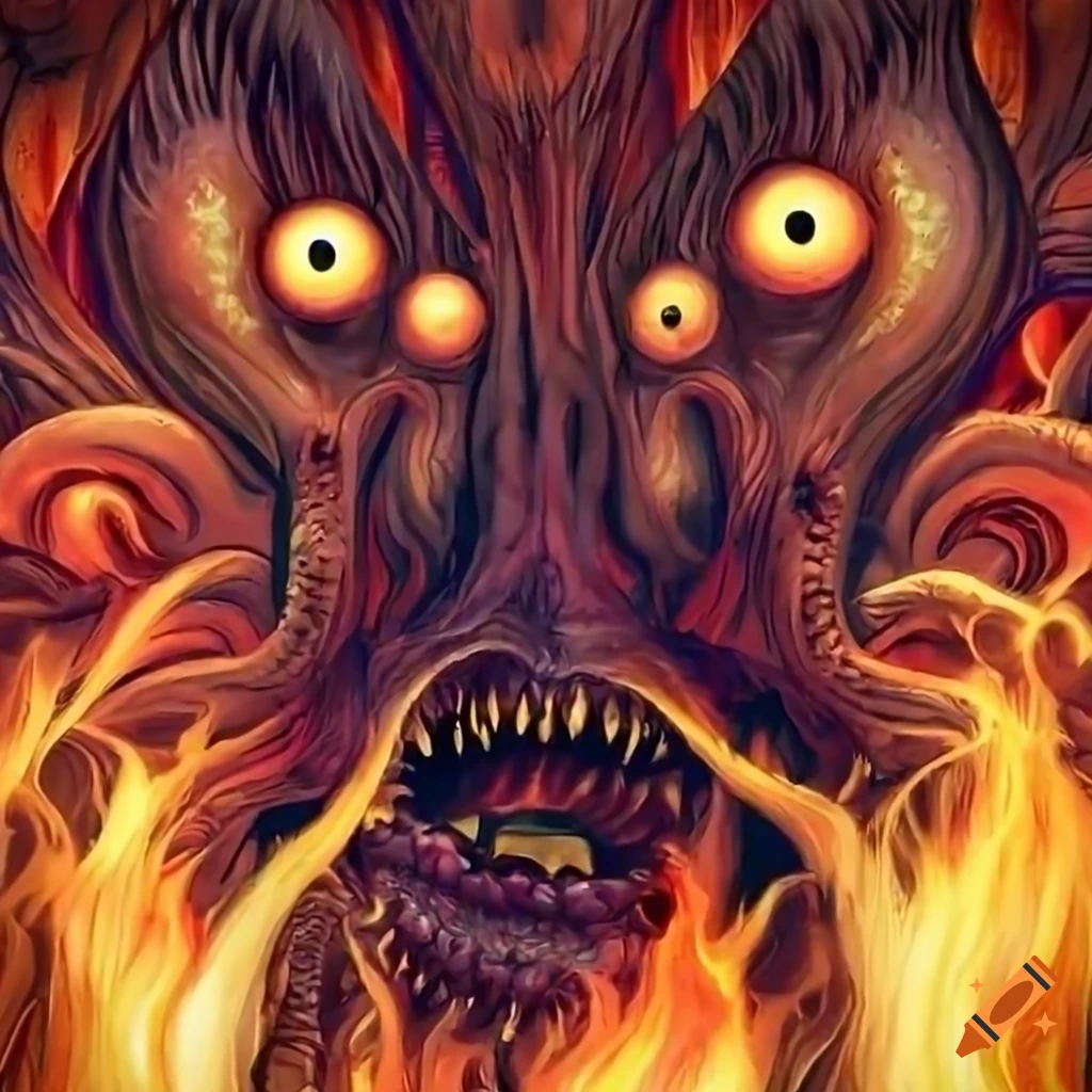 Illustration of a monster emerging from flames on Craiyon