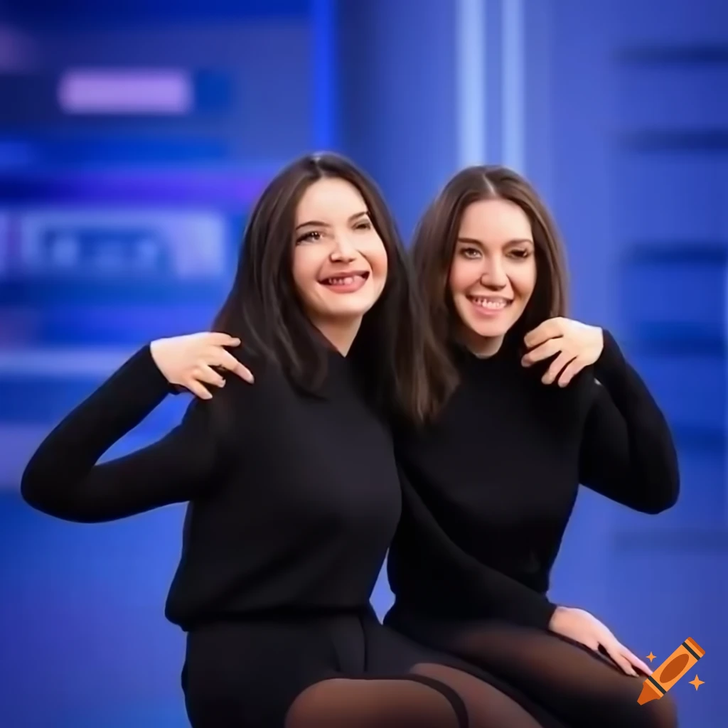 Two hosts of a morning talk show hugging at the news desk on Craiyon