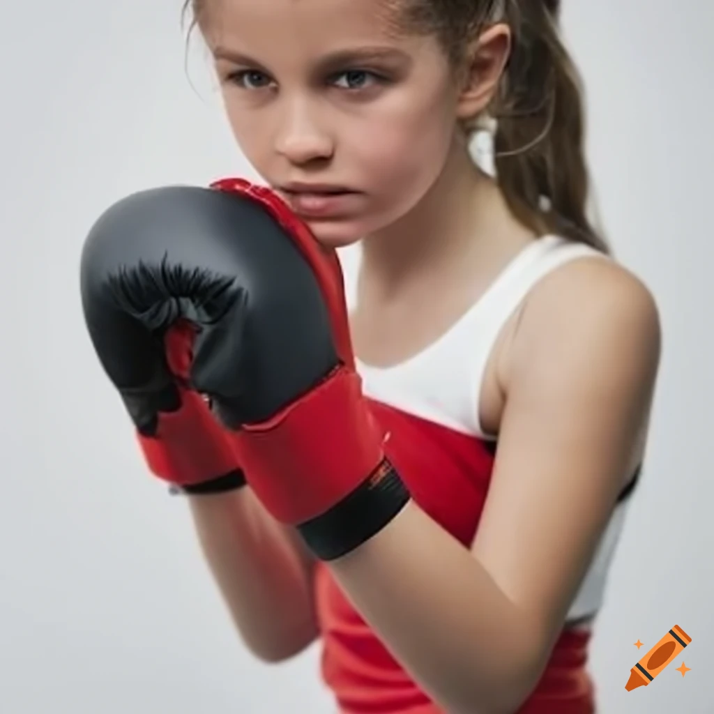 12-year-old girl boxing on white background