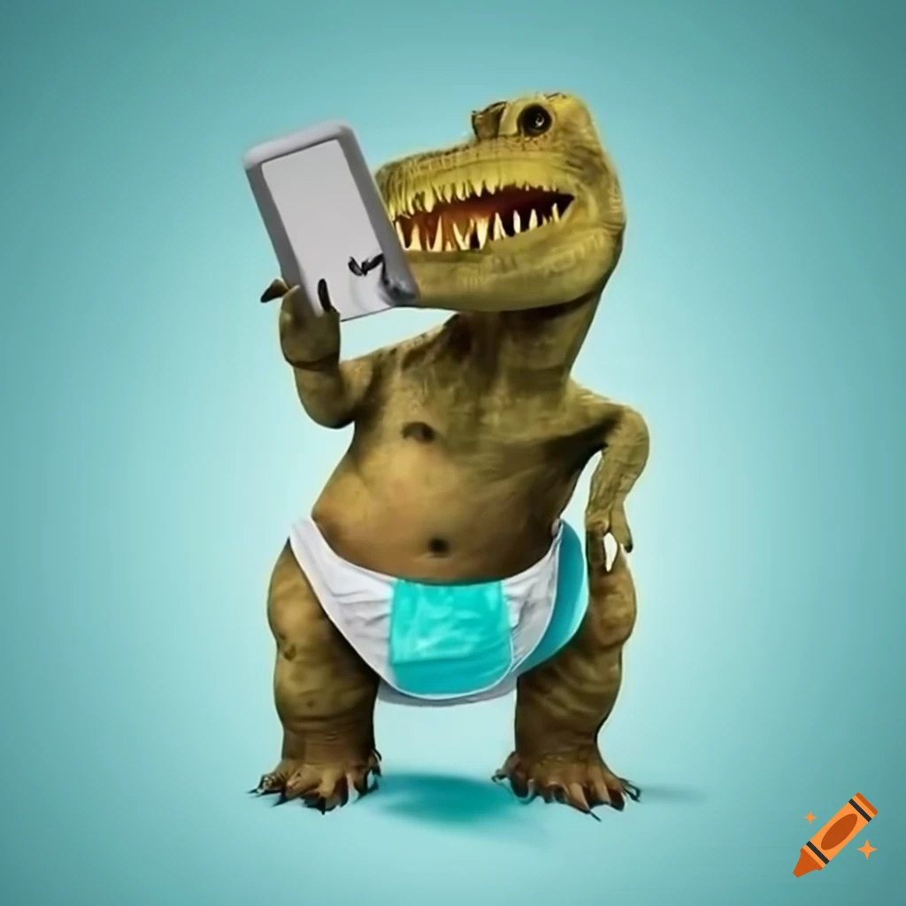 Funny image of a dinosaur with diaper panties and a computer on Craiyon