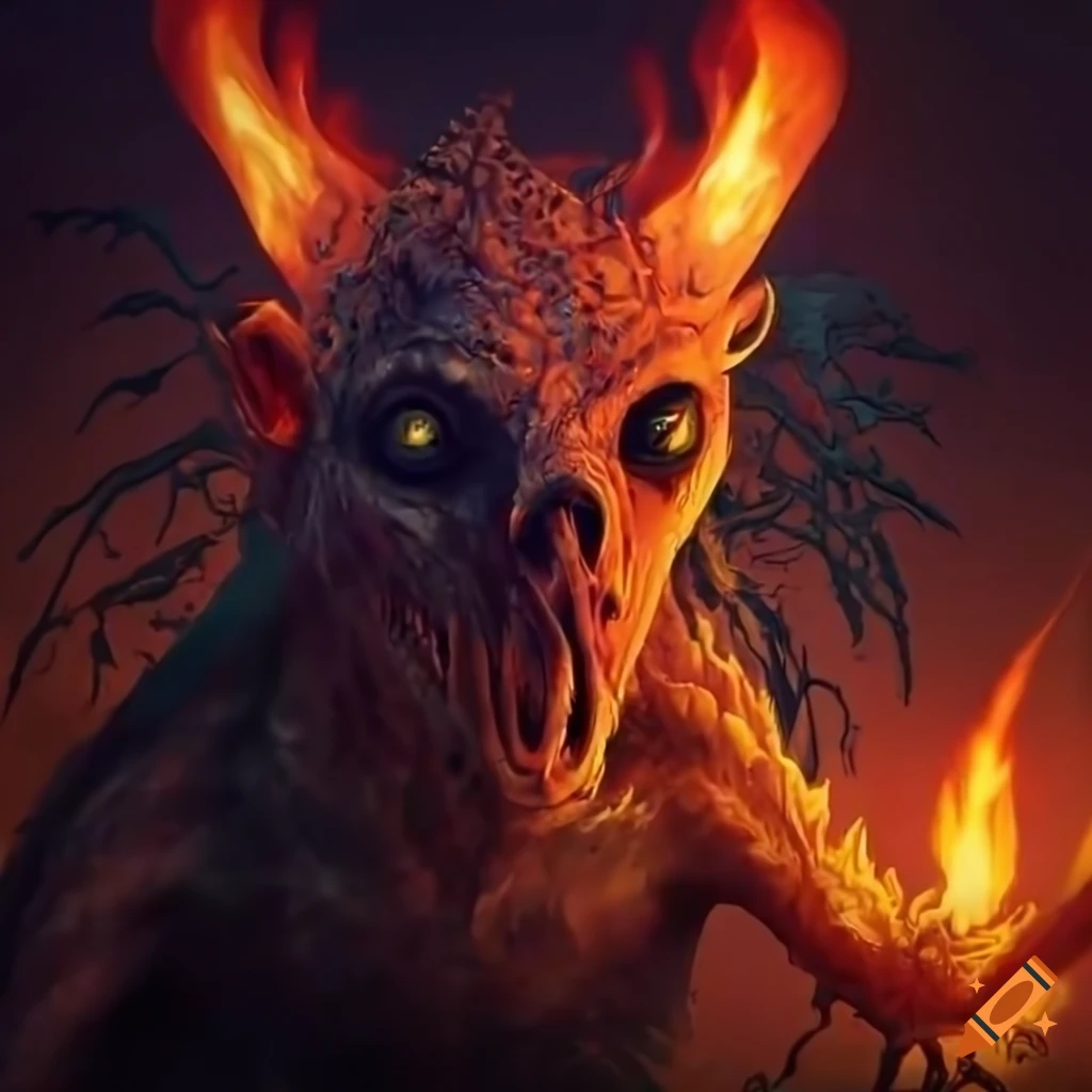 Dystopian creature emerging from flames on Craiyon