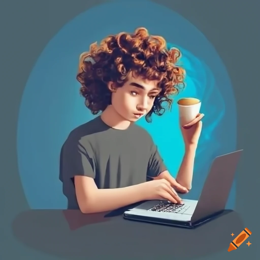 Young boy working with laptop in a coffee shop