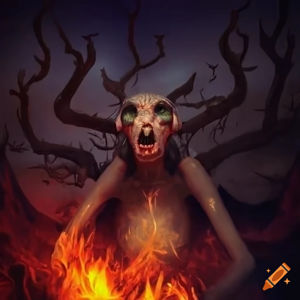 Illustration of a creature emerging from flames on Craiyon