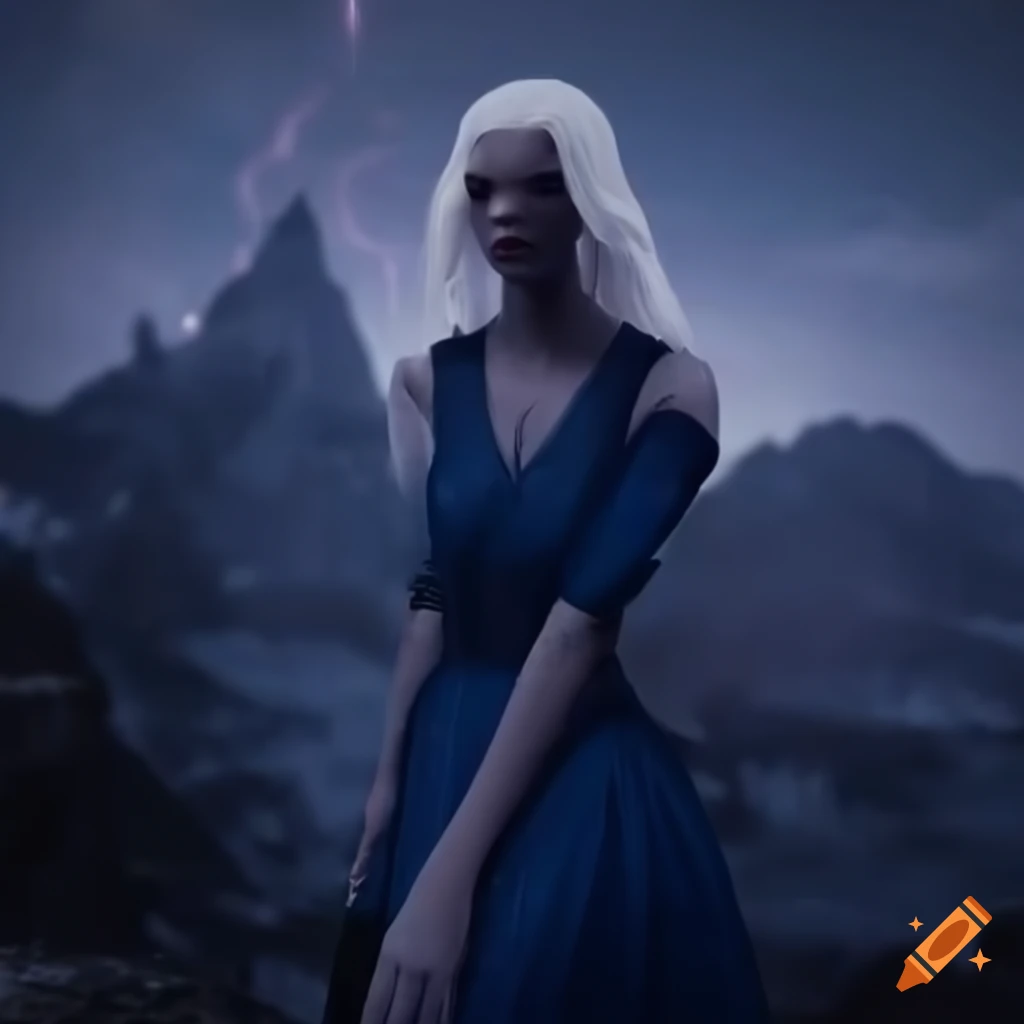 Digital artwork of a dark-blue-skinned drow girl with purple eyes and ...