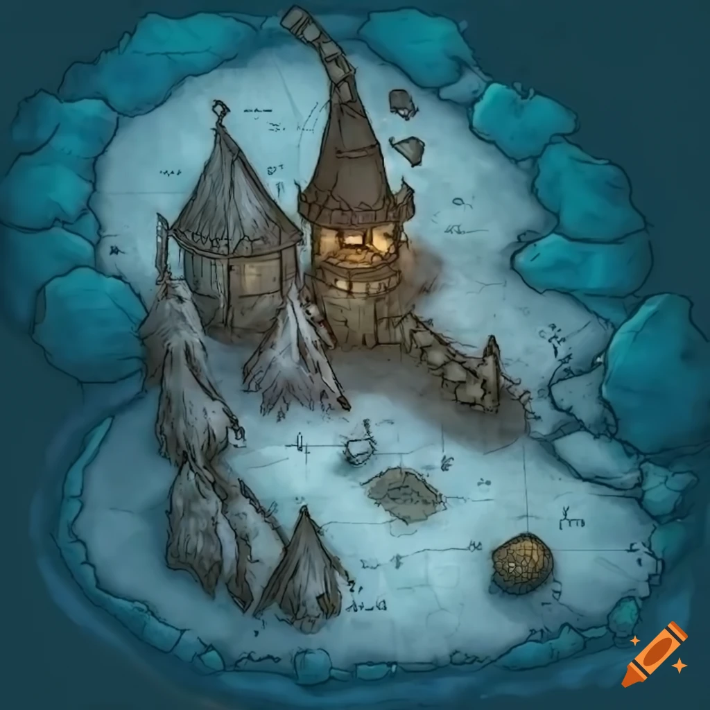 Top-down DND map with a wizard tower and snowy camps on Craiyon