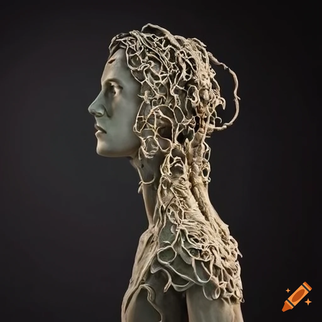 Sculpture of a human entwined with vines