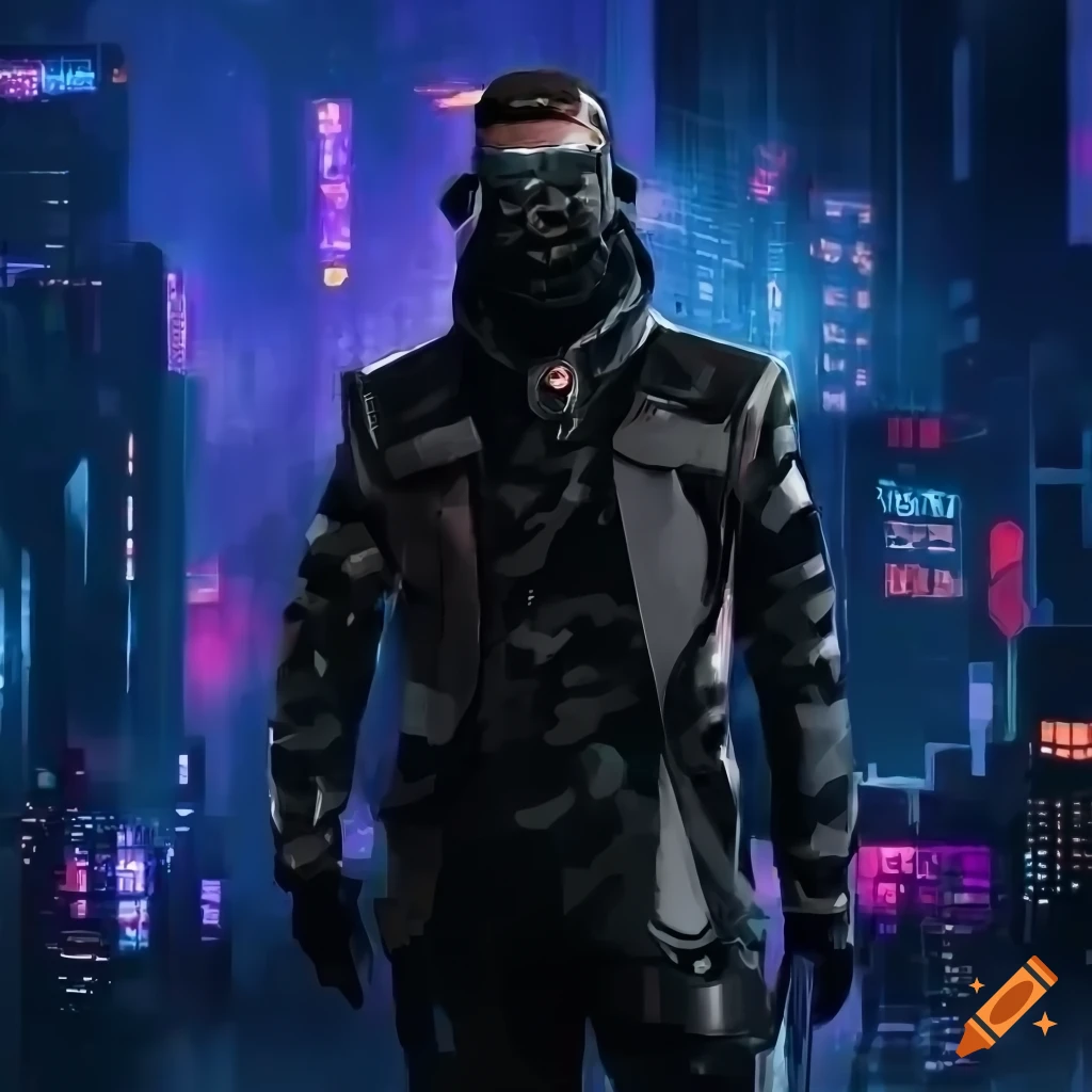 Cyberpunk concept art of a male netrunner in a suit on Craiyon