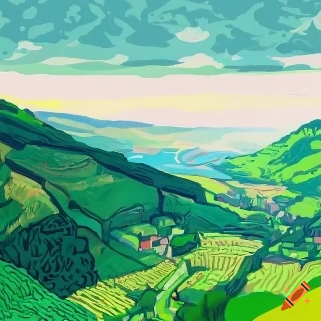 Yorkshire Dale view with roads and fields influenced by David Hockney ...