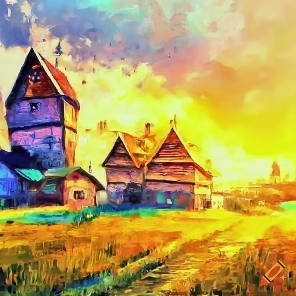 Colorful painting of a medieval city in the steppe on Craiyon