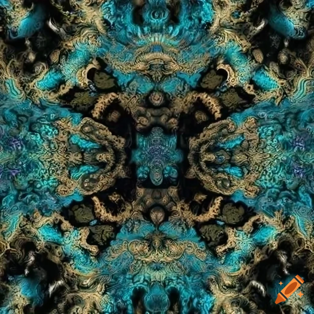 High resolution complex fractal pattern in blue, green, gold, and black ...