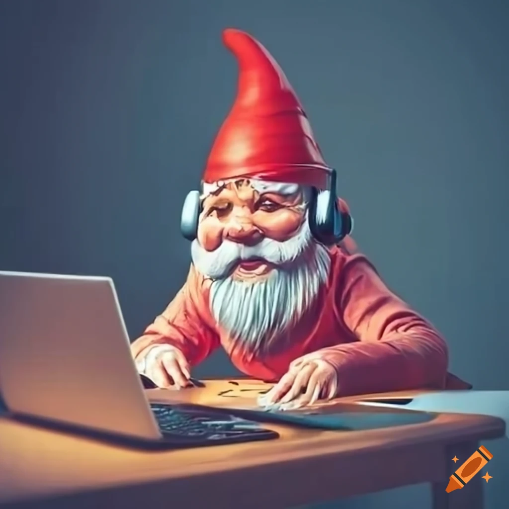 Gnome wearing a headset at a computer desk on Craiyon