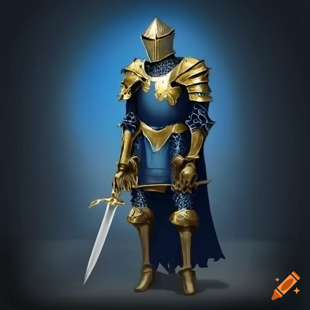 Image of a blue armored knight with a golden sword on Craiyon