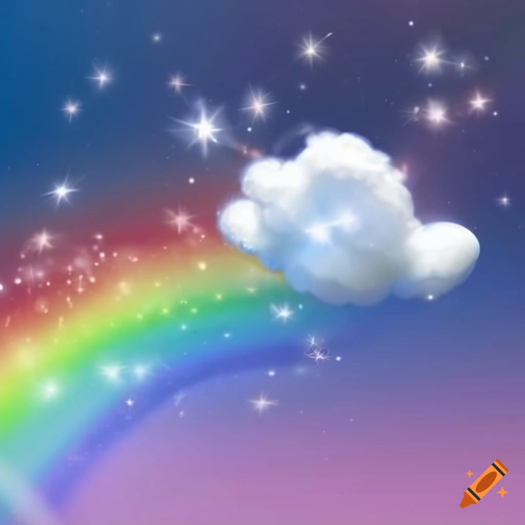 Cartoonish sparkling cloud and rainbow in the sky on Craiyon