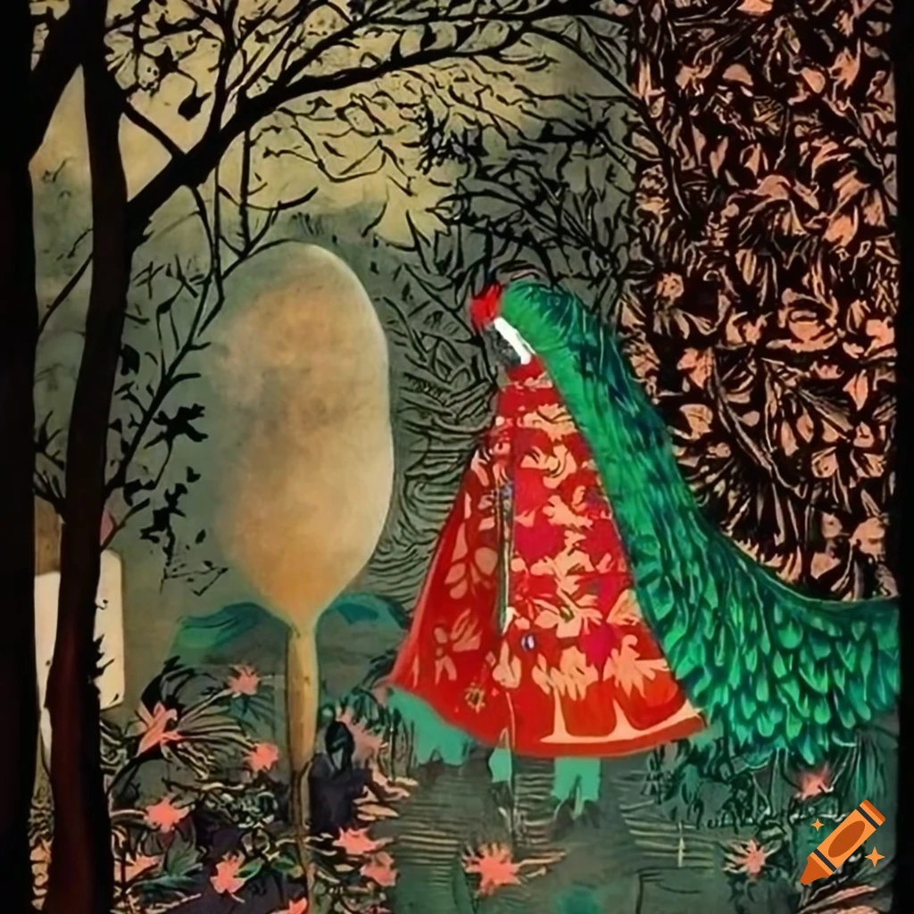 Illustration of a garden with lush plants, flowers, birds, and ...