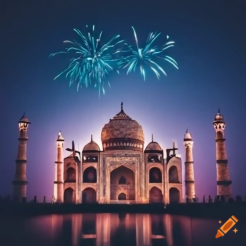 Taj mahal with fireworks during diwali on Craiyon