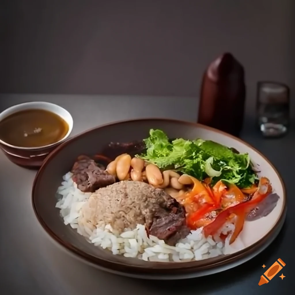 Delicious plate of rice, beans, salad and meat on Craiyon