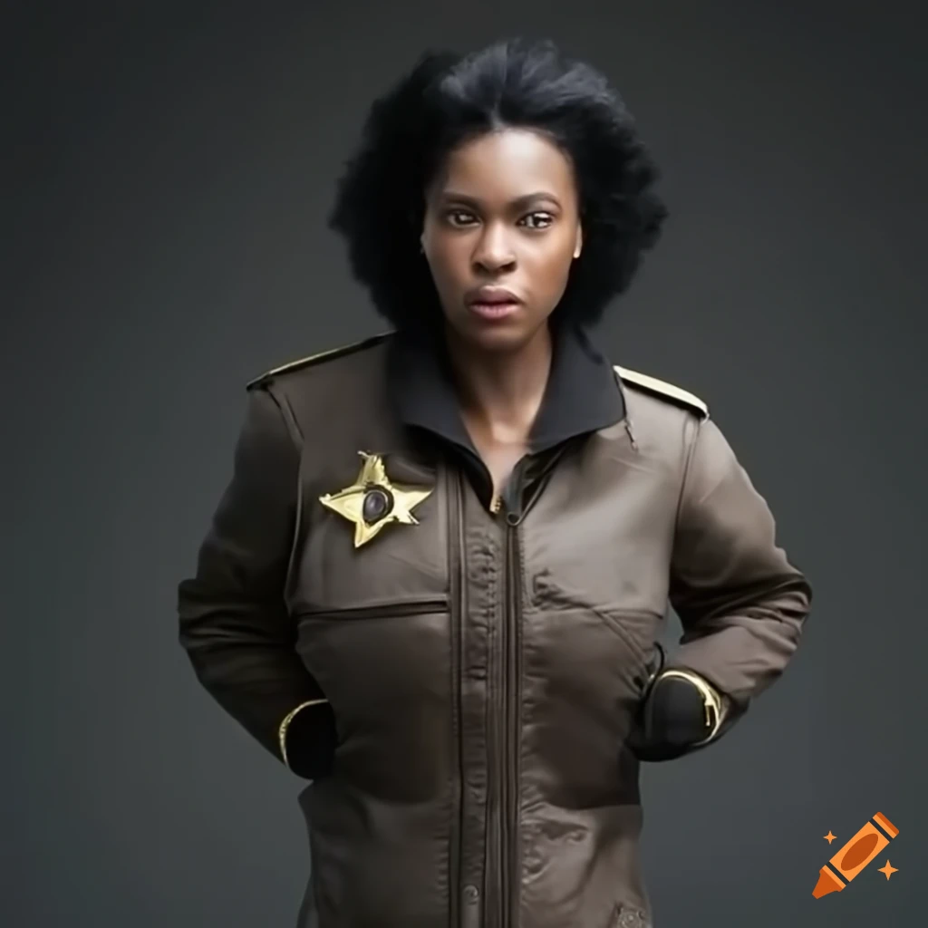 Confident female caribbean sheriff in a bomber jacket on Craiyon