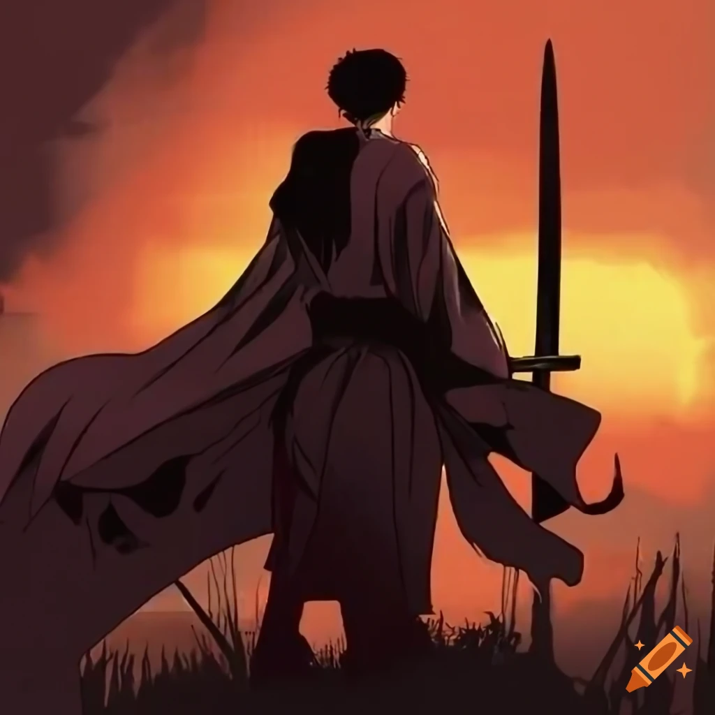 Epic battle between a knight and a samurai at sunset on Craiyon