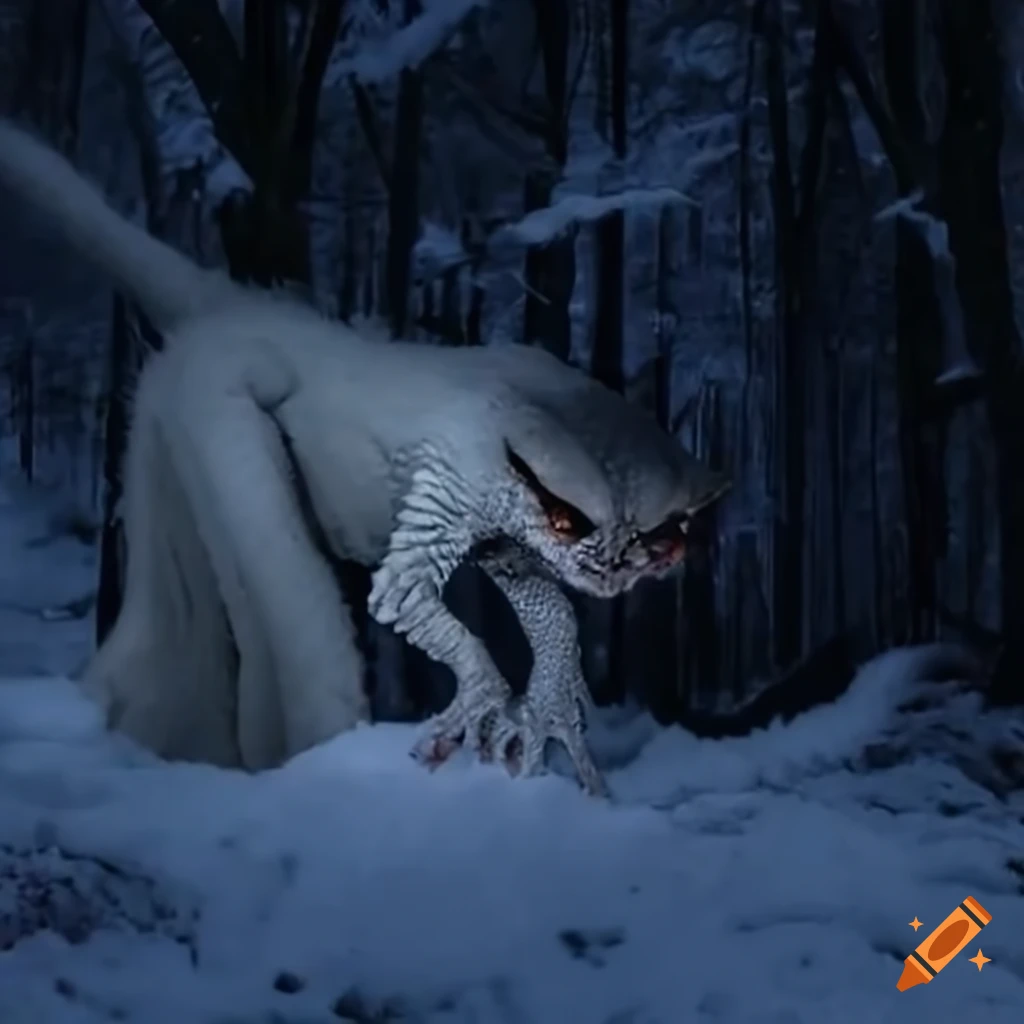 White alien creature in snowy landscape on Craiyon