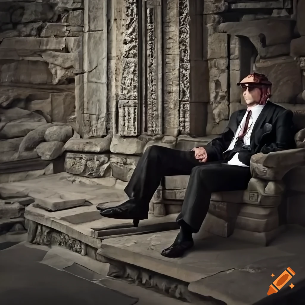 Image of a mafia boss sitting on a stone throne