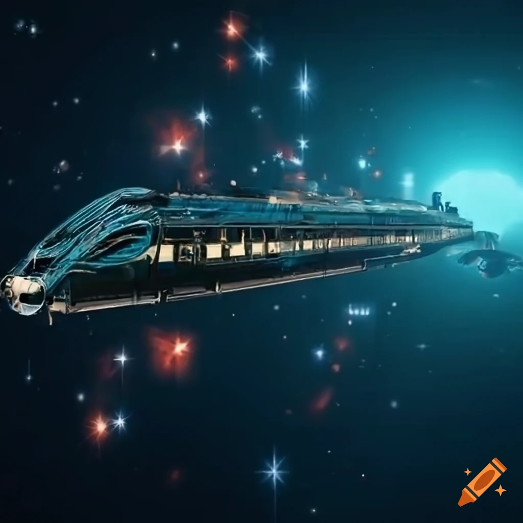 Futuristic art deco space train in intergalactic abyss