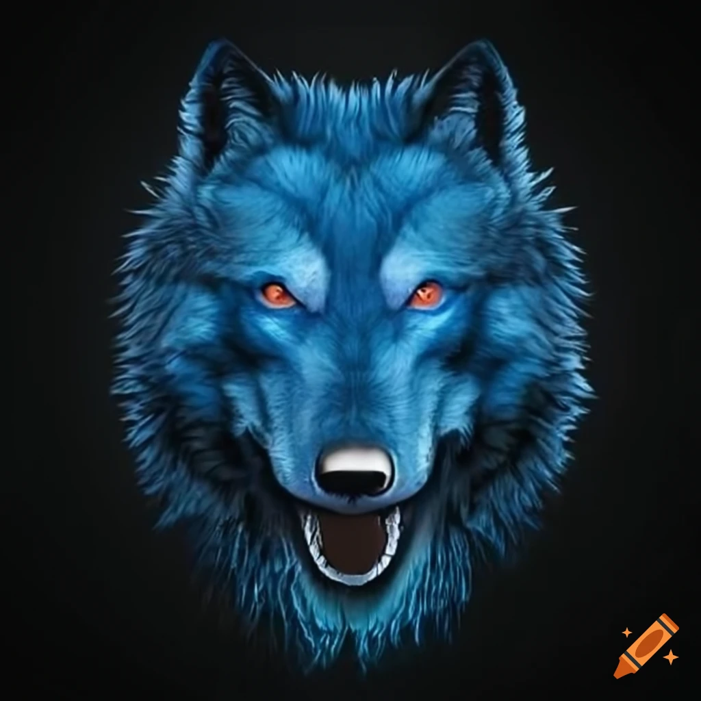 Detailed blue wolf emblem on black background on Craiyon