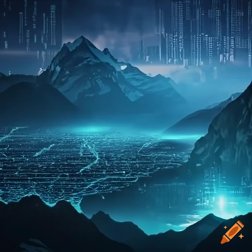 Mountain with coding and networking elements on Craiyon